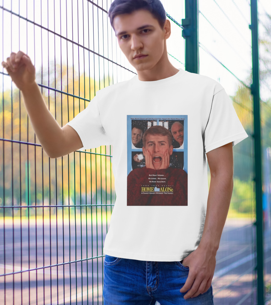 Home Alone But Don't Worry He Cooks He Cleans He Kicks Some Butt John Hughes Movie Kevin McCallister T-Shirt