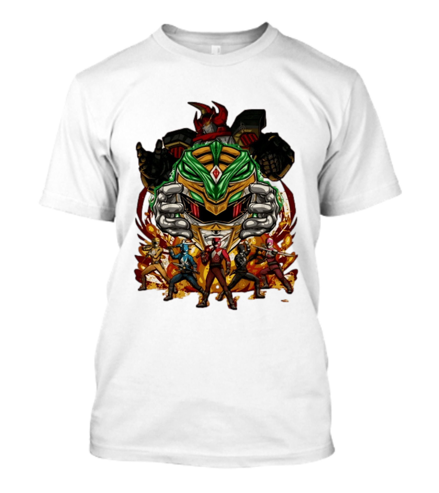 Mighty Morphin Power Rangers Green Ranger Dragonzord Helmet And Team Pose T-Shirt