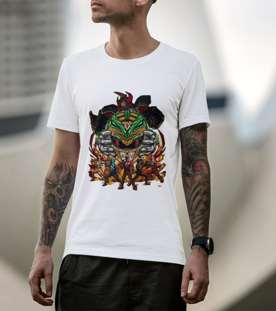 Mighty Morphin Power Rangers Green Ranger Dragonzord Helmet And Team Pose T-Shirt