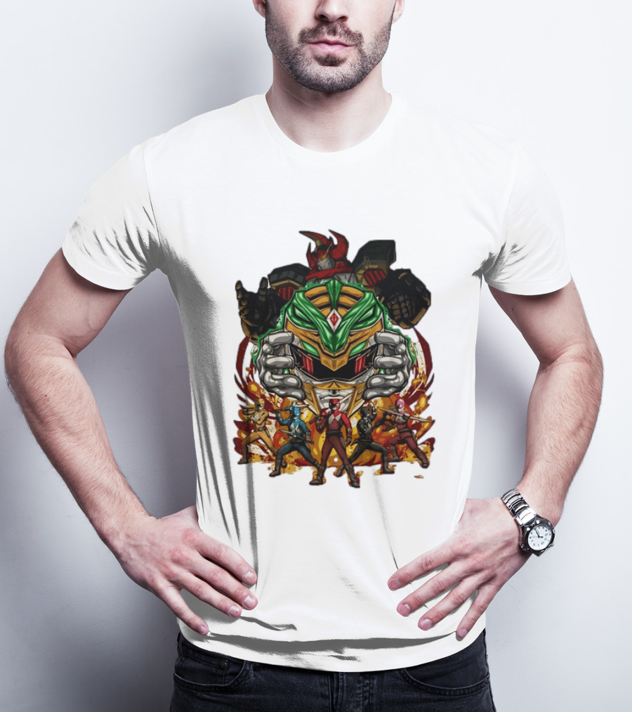Mighty Morphin Power Rangers Green Ranger Dragonzord Helmet And Team Pose T-Shirt