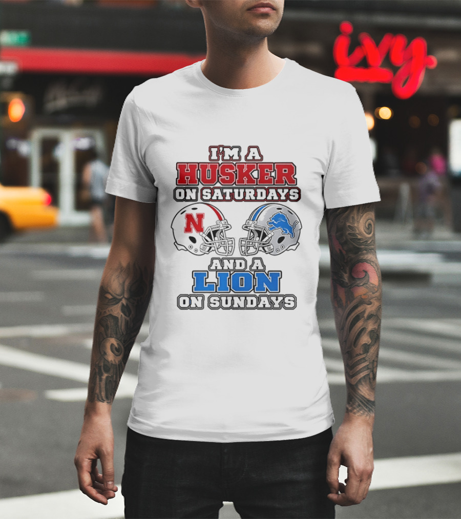 Husker On Saturdays And Lion On Sundays Football Helmets T-Shirt
