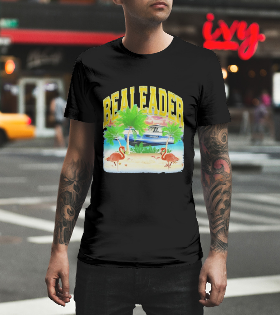 Bealeader Tropical Beach Scene With Palm Trees, Boat, And Flamingos T-Shirt