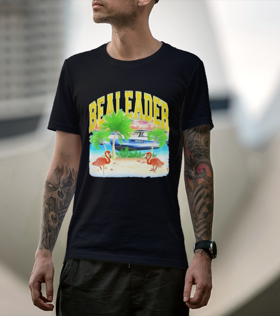 Bealeader Tropical Beach Scene With Palm Trees, Boat, And Flamingos T-Shirt