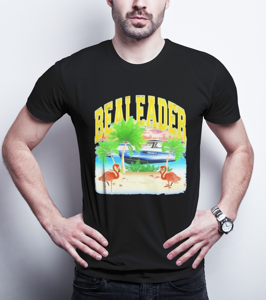 Bealeader Tropical Beach Scene With Palm Trees, Boat, And Flamingos T-Shirt