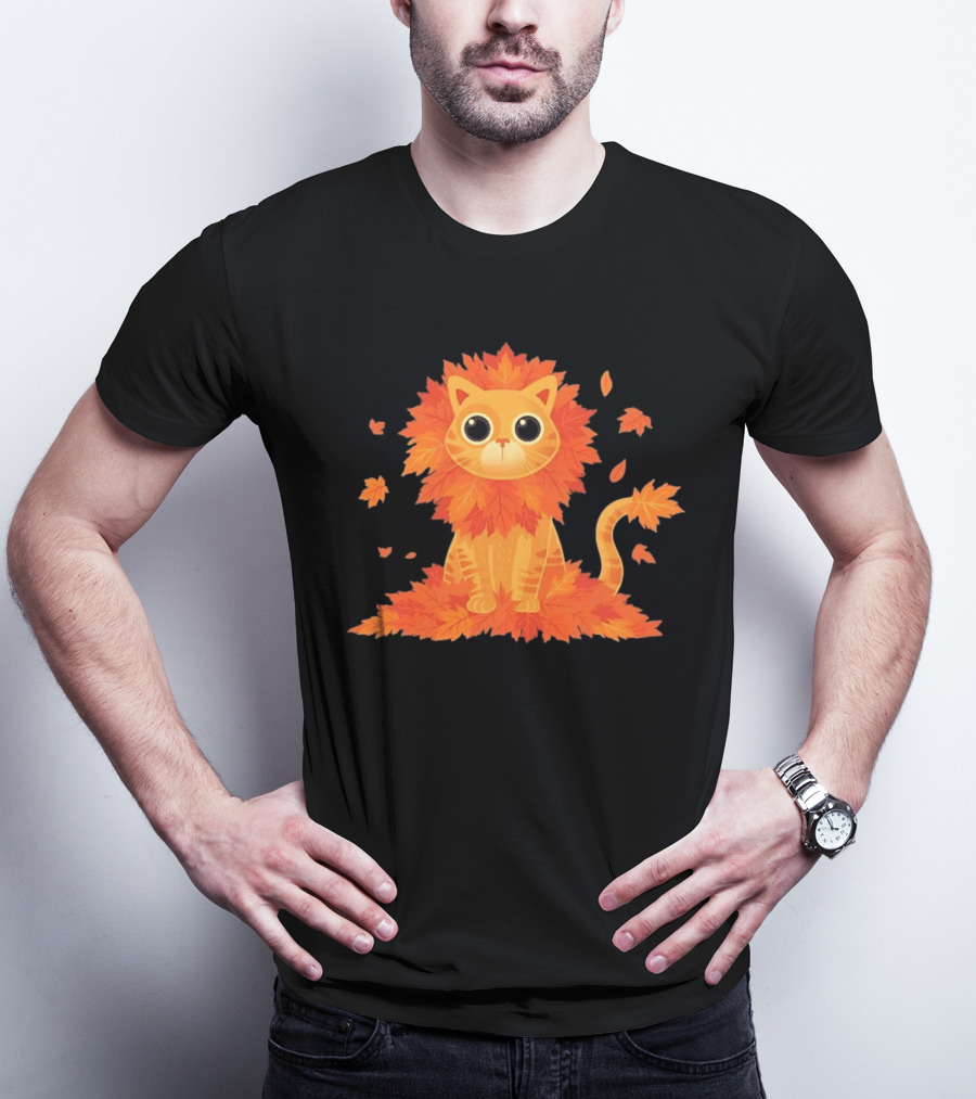 Cat With Autumn Leaves Mane Fall Lion Cozy Cute Kitty T-Shirt