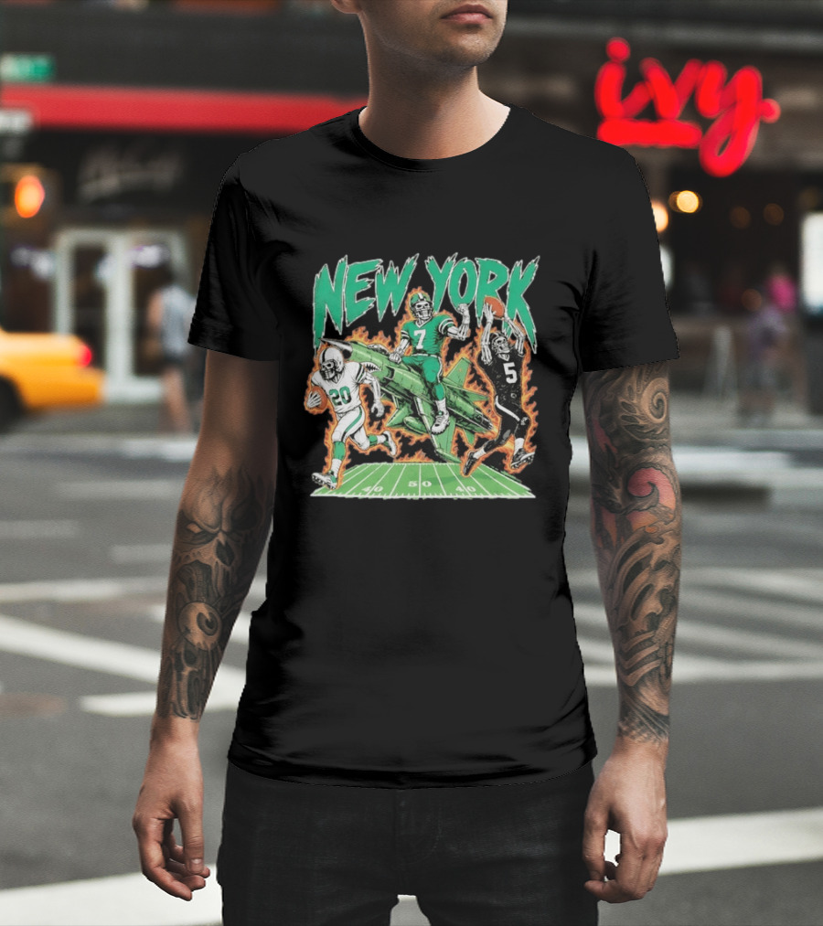 New York Jets Skeleton Football Players With Jet And Field T-Shirt