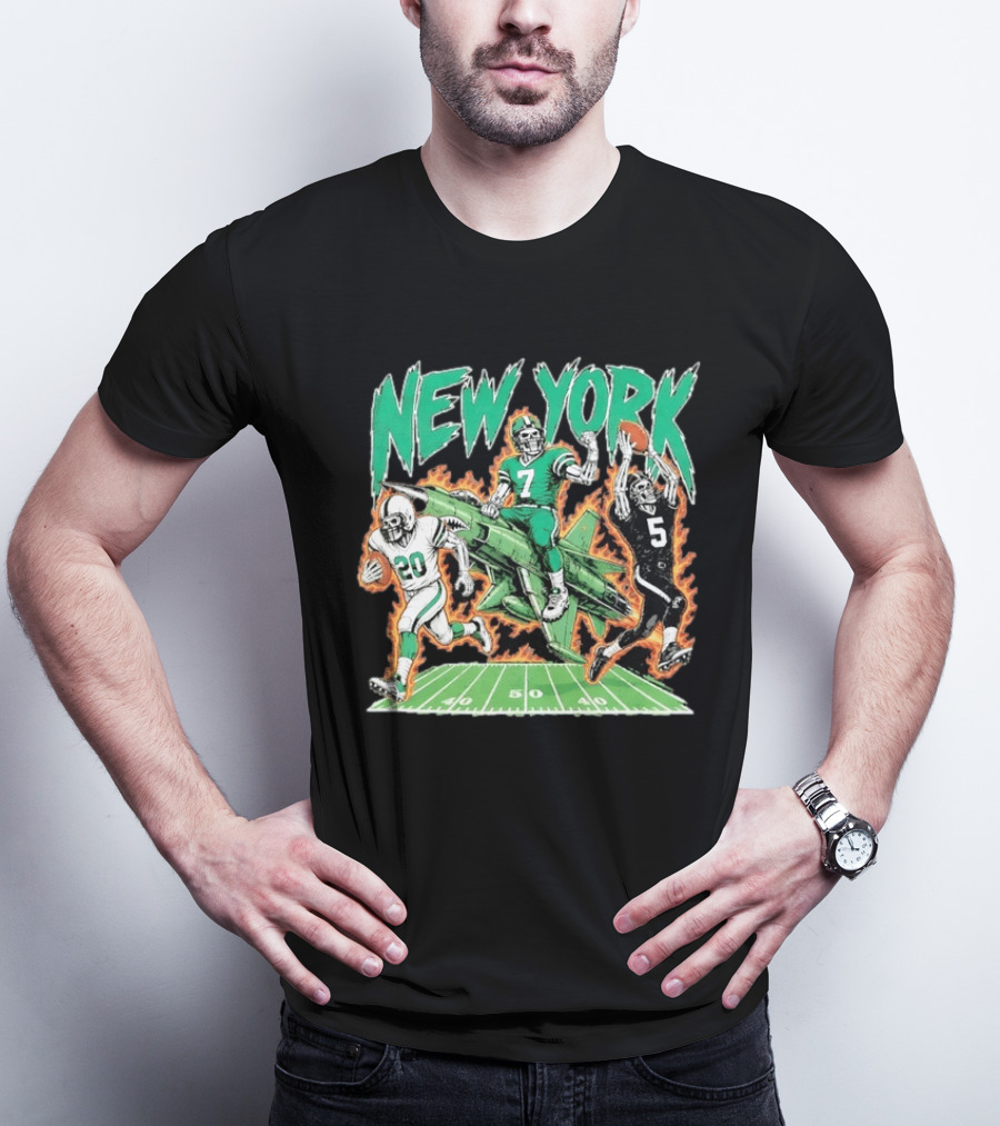 New York Jets Skeleton Football Players With Jet And Field T-Shirt