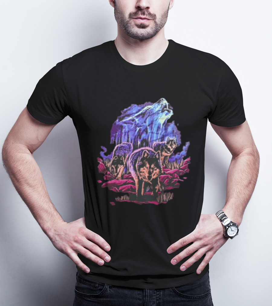 Odm San Diego 2000 Three Wolves Howling Celestial Northern Lights Woods T-Shirt