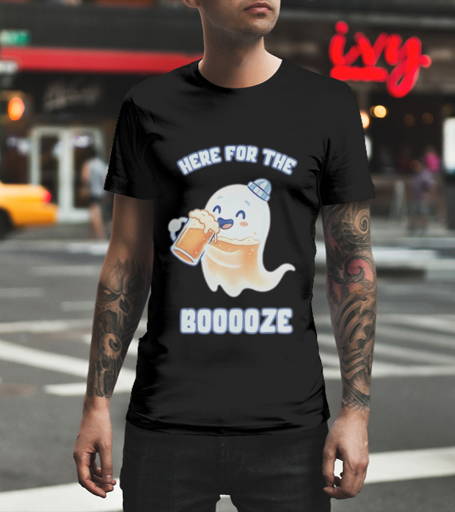 Here For The Booooze Ghost Drinking Beer Fun Halloween T-Shirt