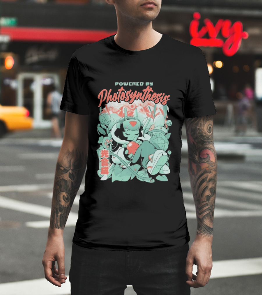 Powered By Photosynthesis Anime Kanji Characters And Cute Green Robot T-Shirt