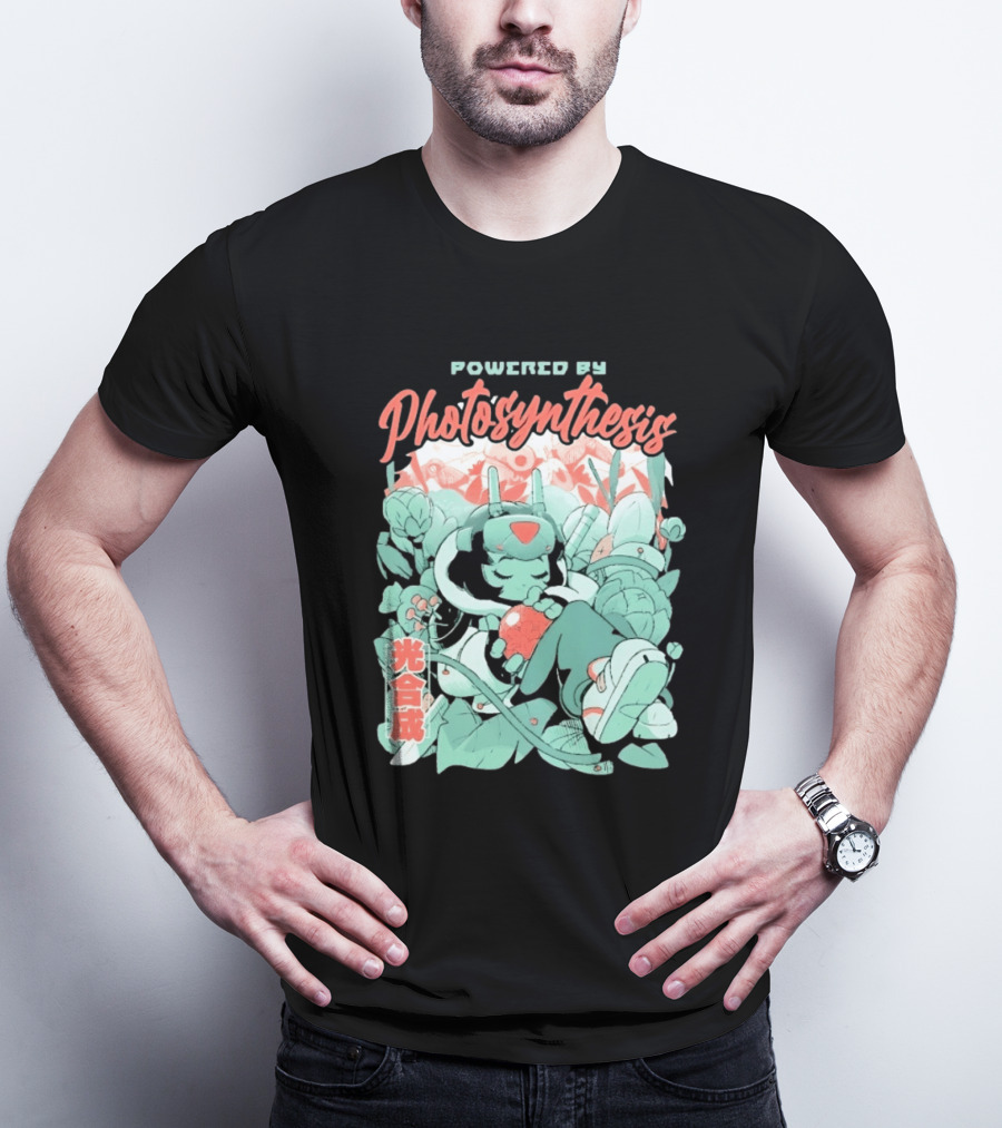 Powered By Photosynthesis Anime Kanji Characters And Cute Green Robot T-Shirt