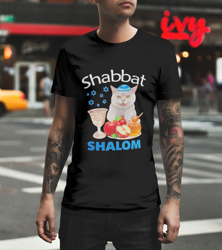 Shabbat Shalom Cat With Kippah Apples Honey And Wine Cup T-Shirt