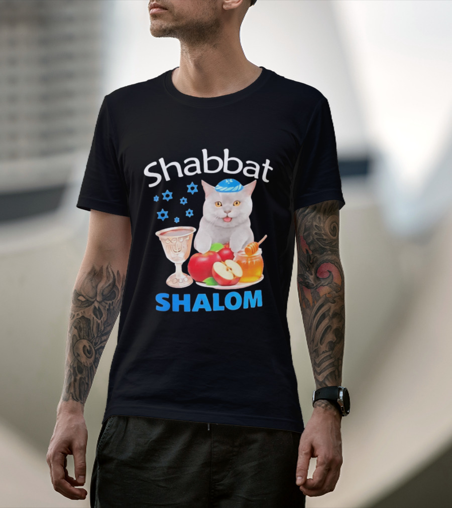 Shabbat Shalom Cat With Kippah Apples Honey And Wine Cup T-Shirt