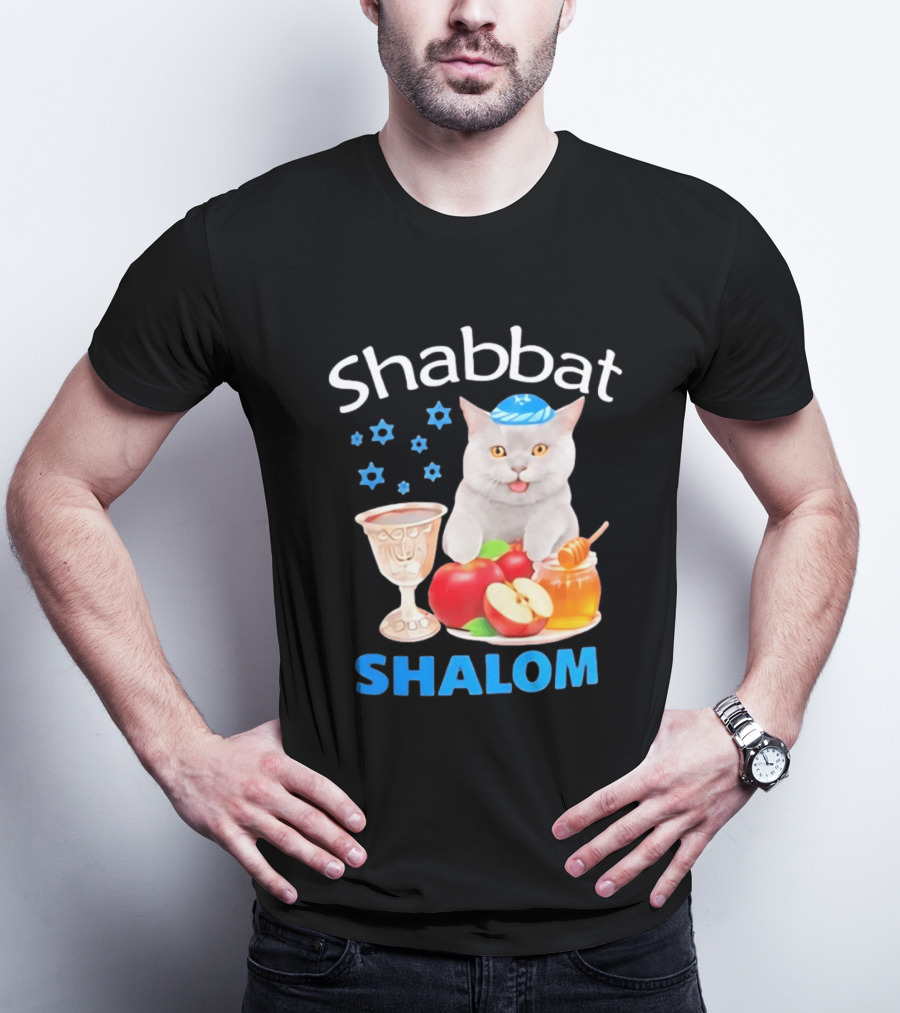 Shabbat Shalom Cat With Kippah Apples Honey And Wine Cup T-Shirt