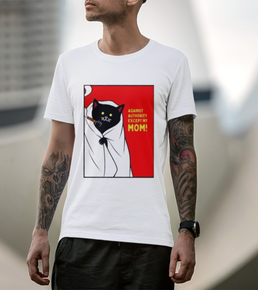 Black Cat Against Authority Except My Mom Smoking Cloaked Yellow Eyes Red T-Shirt