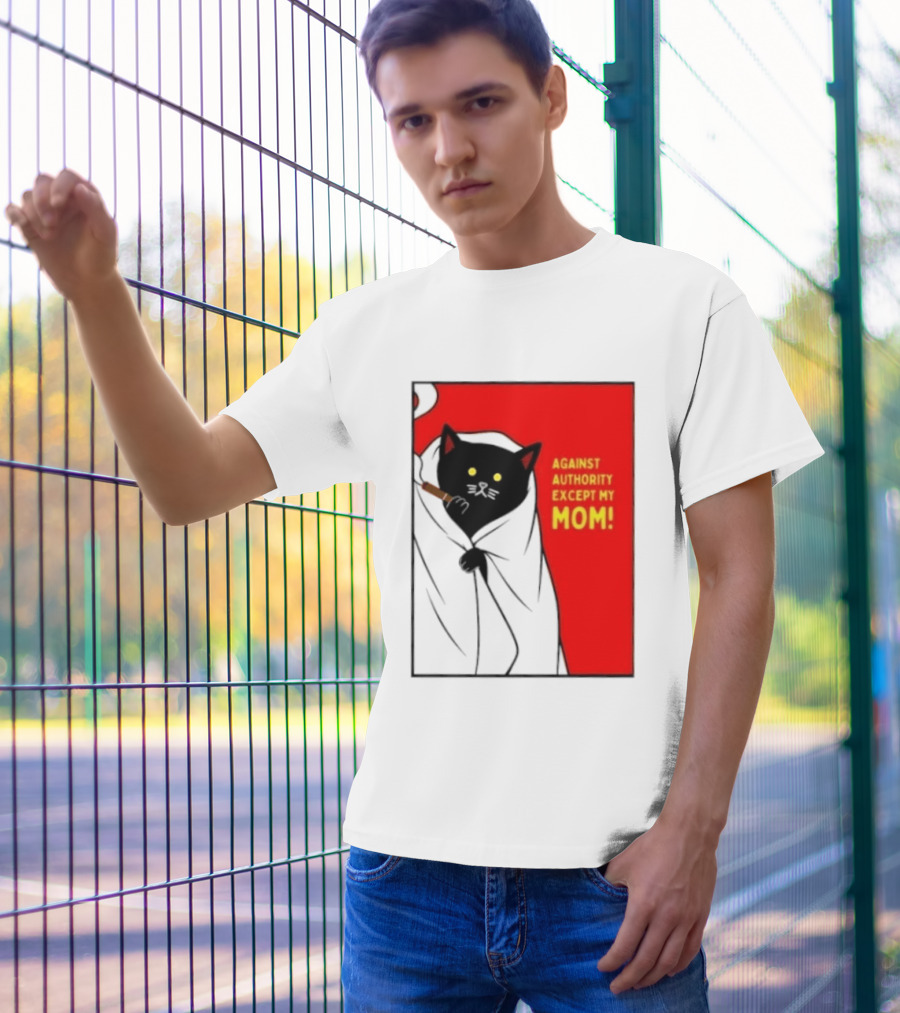 Black Cat Against Authority Except My Mom Smoking Cloaked Yellow Eyes Red T-Shirt