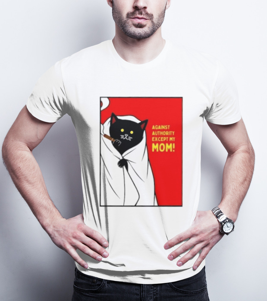 Black Cat Against Authority Except My Mom Smoking Cloaked Yellow Eyes Red T-Shirt