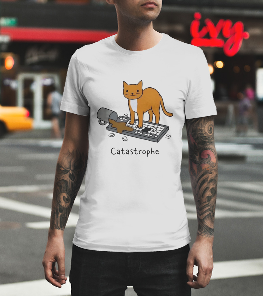 Catastrophe Orange Cat Spilling Coffee On Keyboard T-Shirt