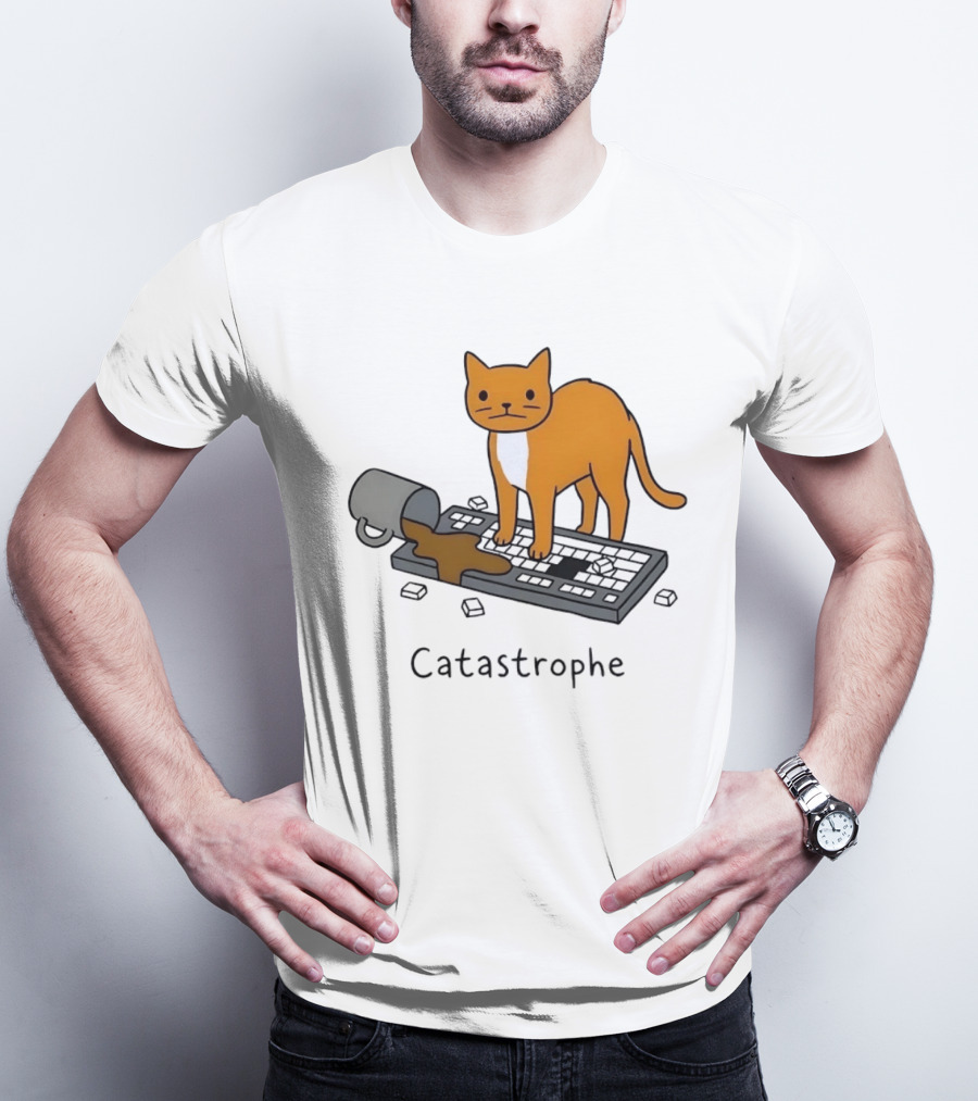 Catastrophe Orange Cat Spilling Coffee On Keyboard T-Shirt