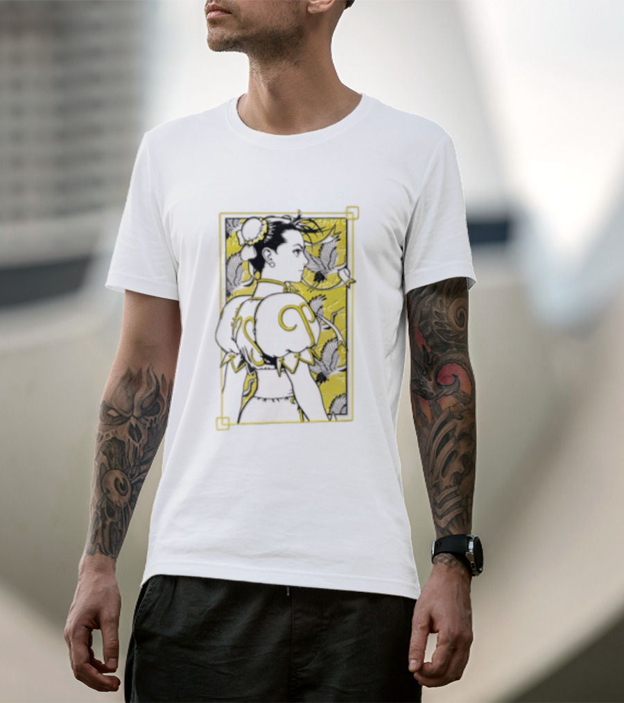 Chun Li Profile Flying Cranes Yellow Frame Line T-Shirt