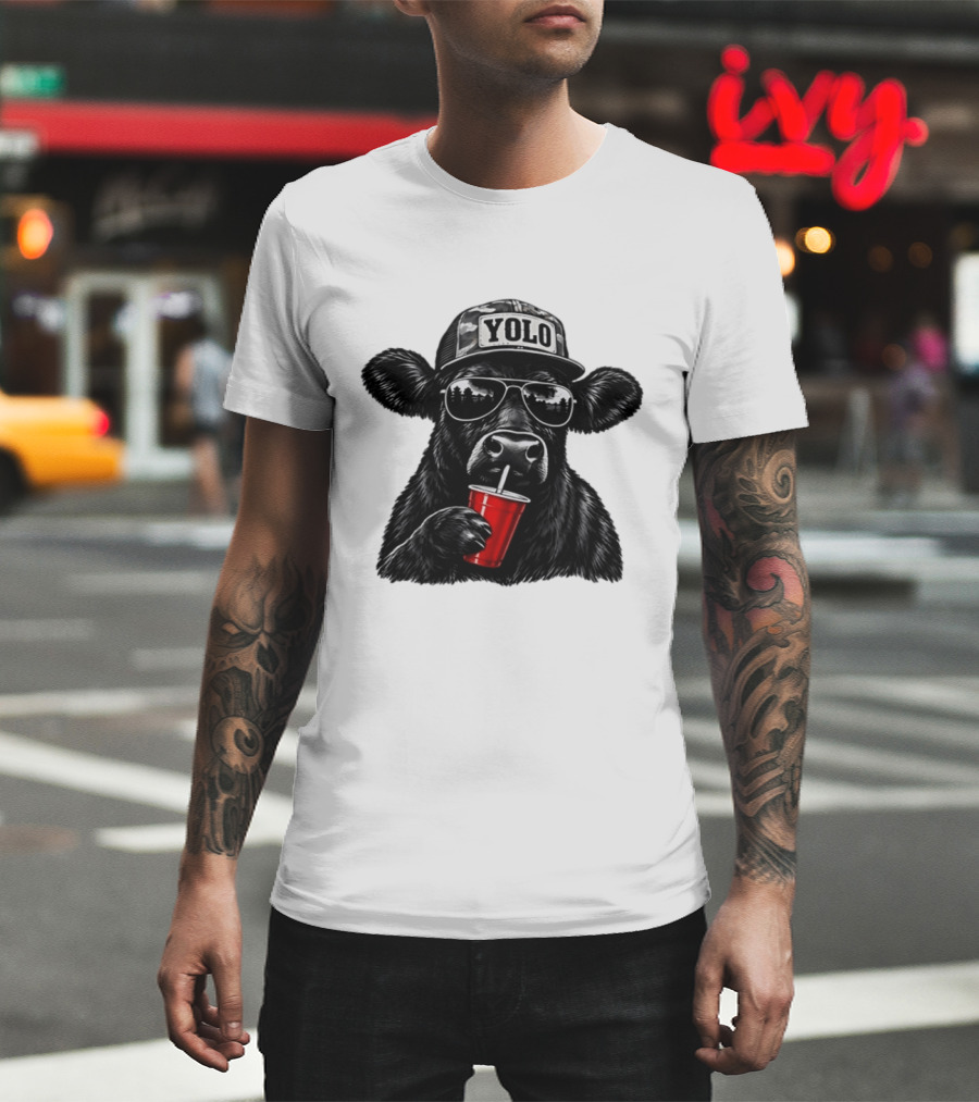 Cow With Yolo Camo Hat Sunglasses Red Cup T-Shirt