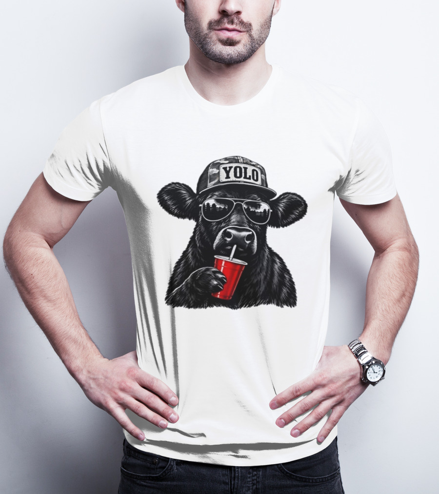 Cow With Yolo Camo Hat Sunglasses Red Cup T-Shirt