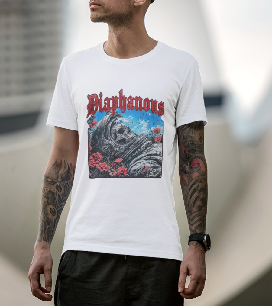 Diaphanous Distressed Skull Astronaut In Flowers With Cosmic T-Shirt