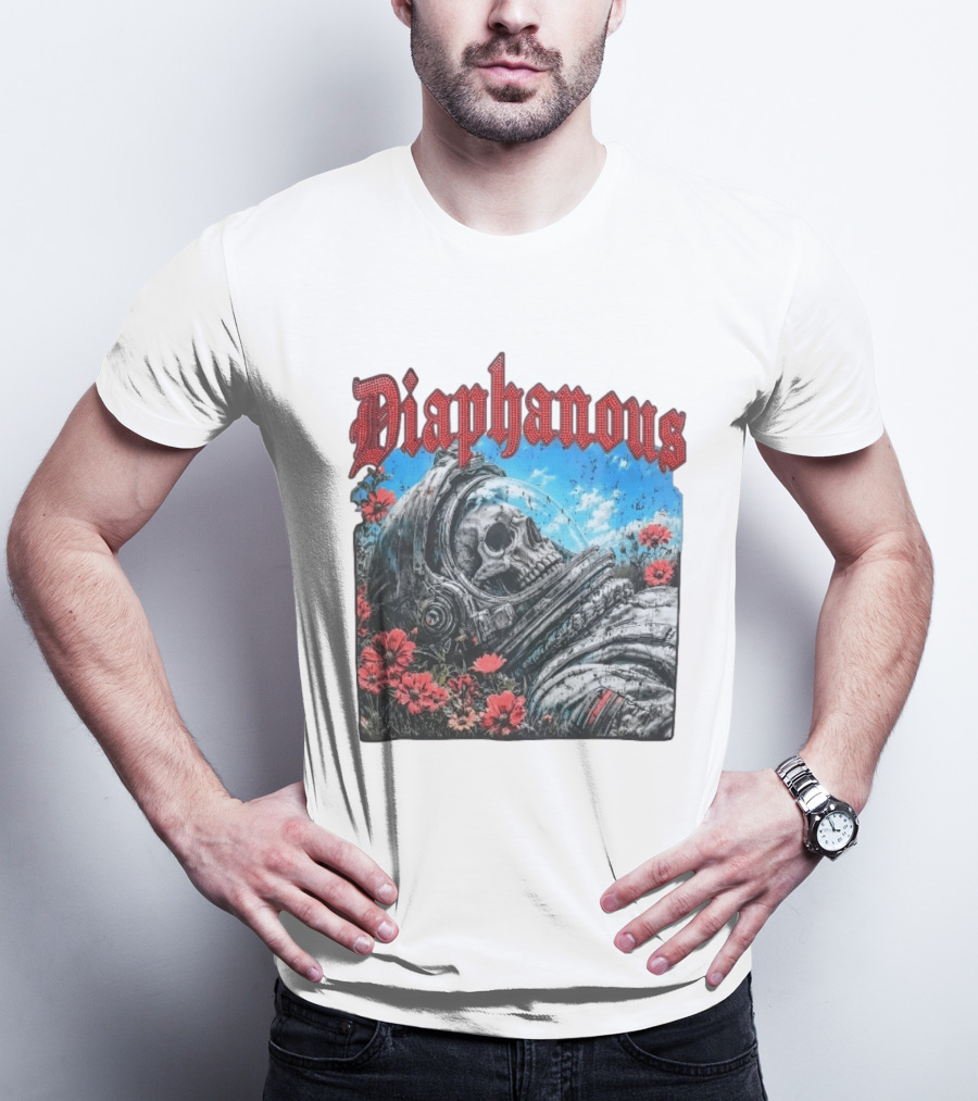 Diaphanous Distressed Skull Astronaut In Flowers With Cosmic T-Shirt