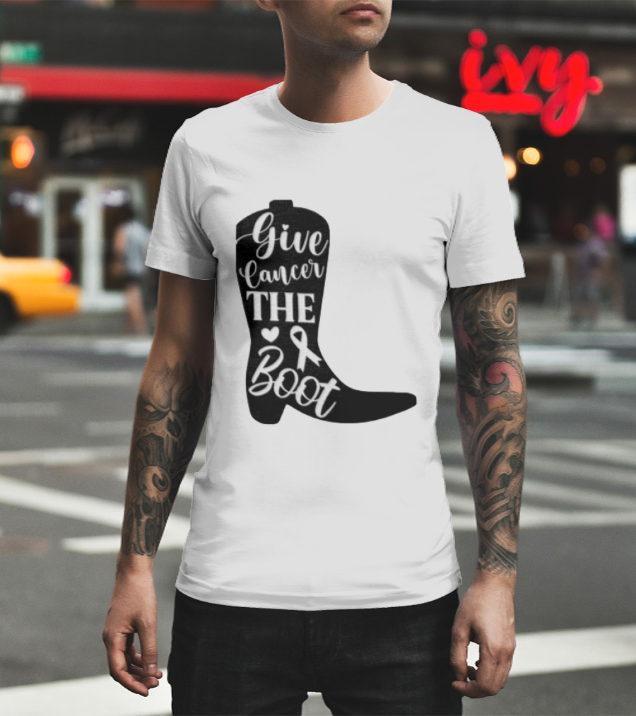 Give Cancer The Boot Awareness Ribbon Western Cowboy Boot T-Shirt