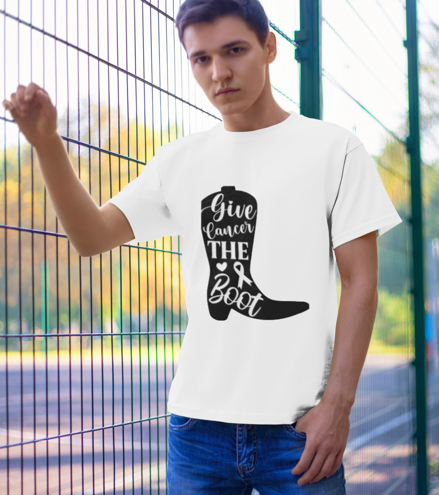 Give Cancer The Boot Awareness Ribbon Western Cowboy Boot T-Shirt