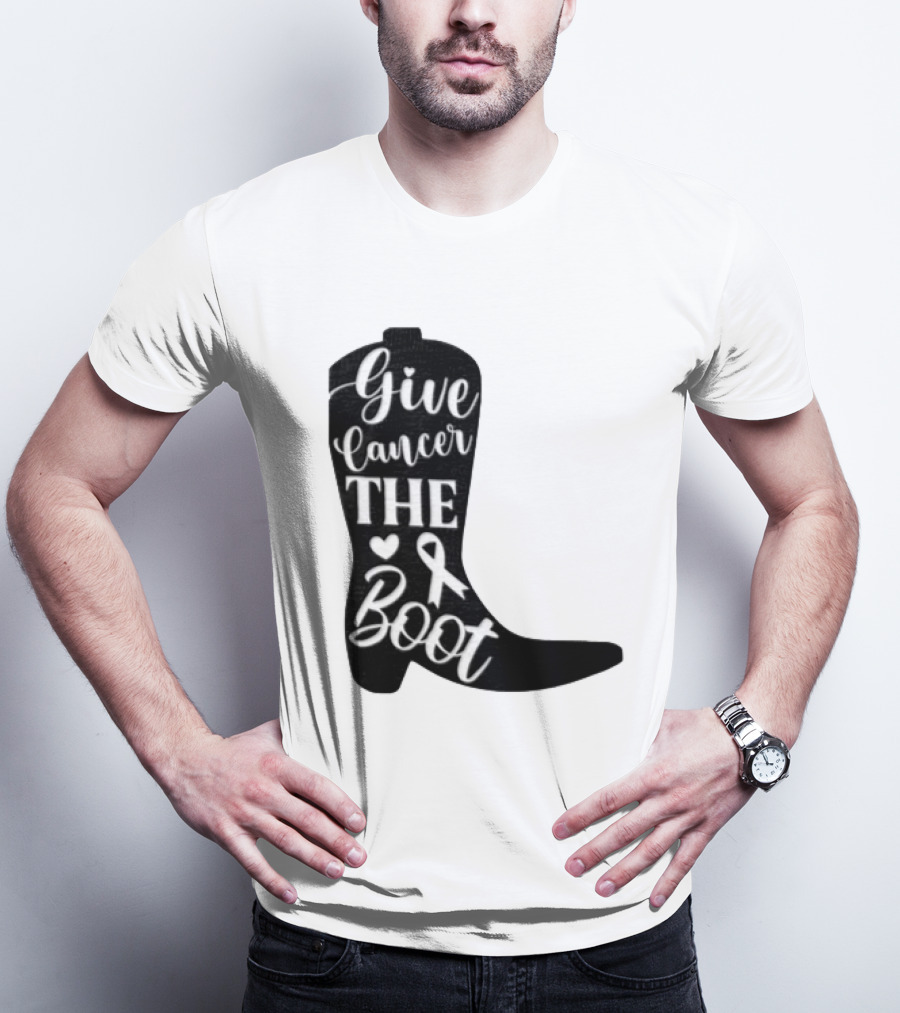 Give Cancer The Boot Awareness Ribbon Western Cowboy Boot T-Shirt