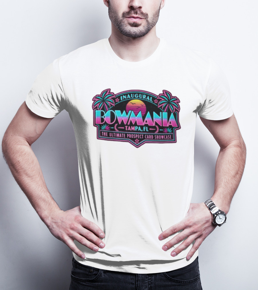 Inaugural Bowmania Tampa FL The Ultimate Prospect Card Showcase Retro Sunset Palm Trees T-Shirt