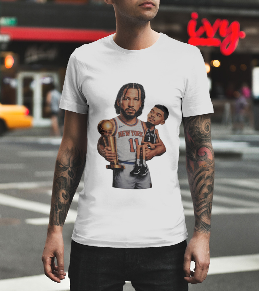 New York Knicks Jalen Brunson Embraces San Antonio Spurs Victor Wembanyama NBA Trophy T-Shirt