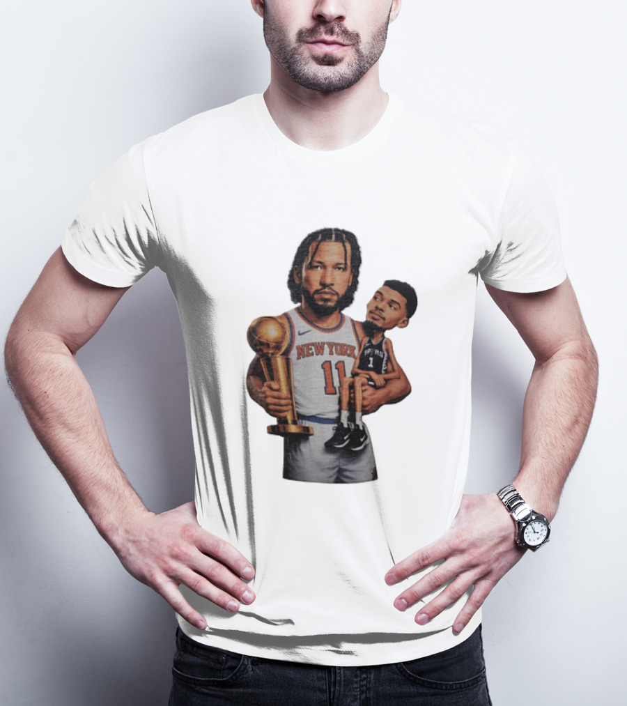 New York Knicks Jalen Brunson Embraces San Antonio Spurs Victor Wembanyama NBA Trophy T-Shirt