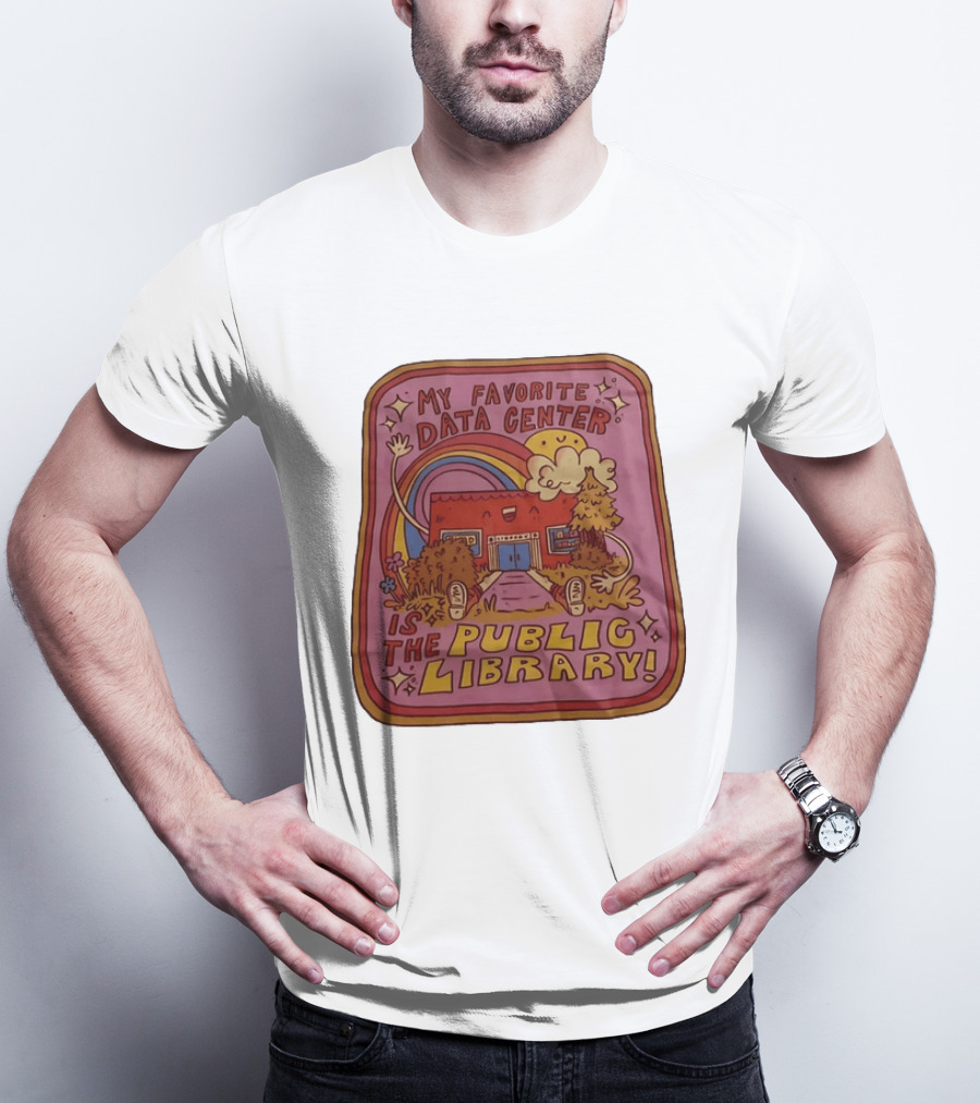 My Favorite Data Center Is The Public Library Rainbow Cartoon Library Scene T-Shirt