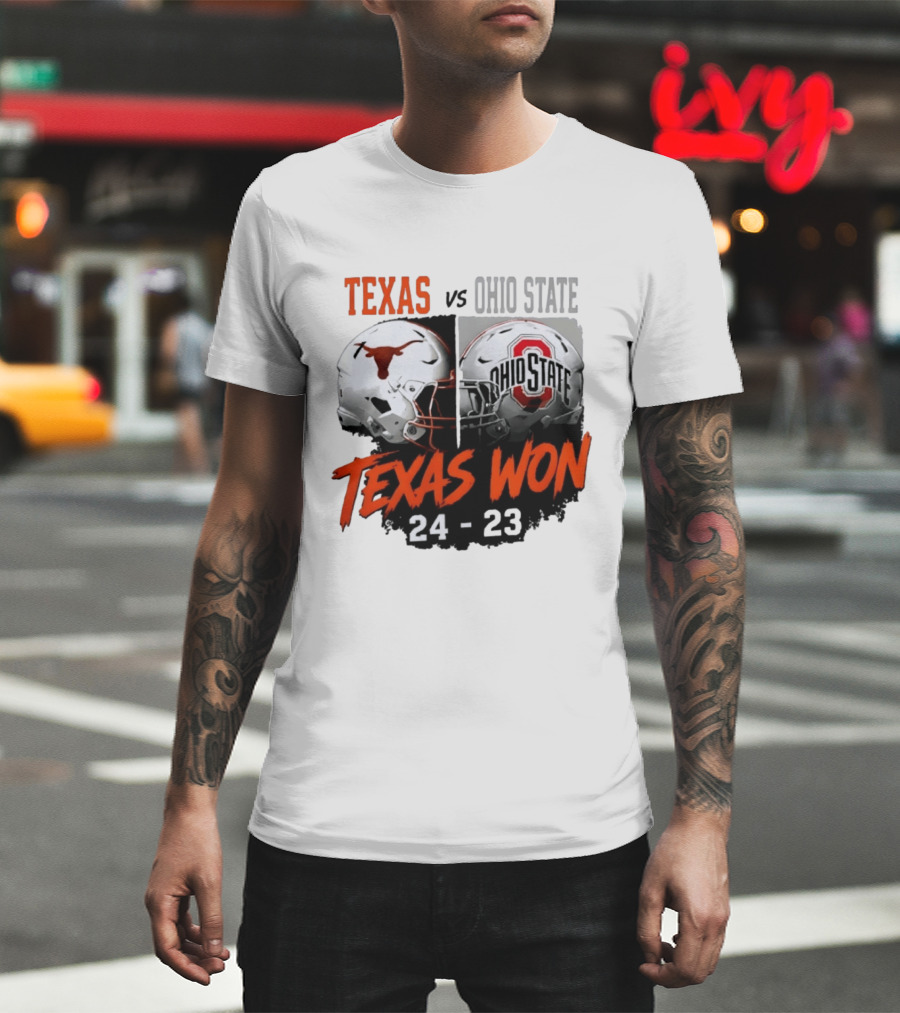 Texas Vs Ohio State 2026 Texas Won 24 23 Helmet Matchup T-Shirt