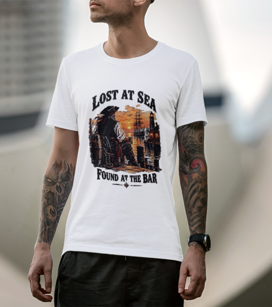 Lost At Sea Found At The Bar Pirate Sunset Tavern Lighthouse Nautical Adventure T-Shirt