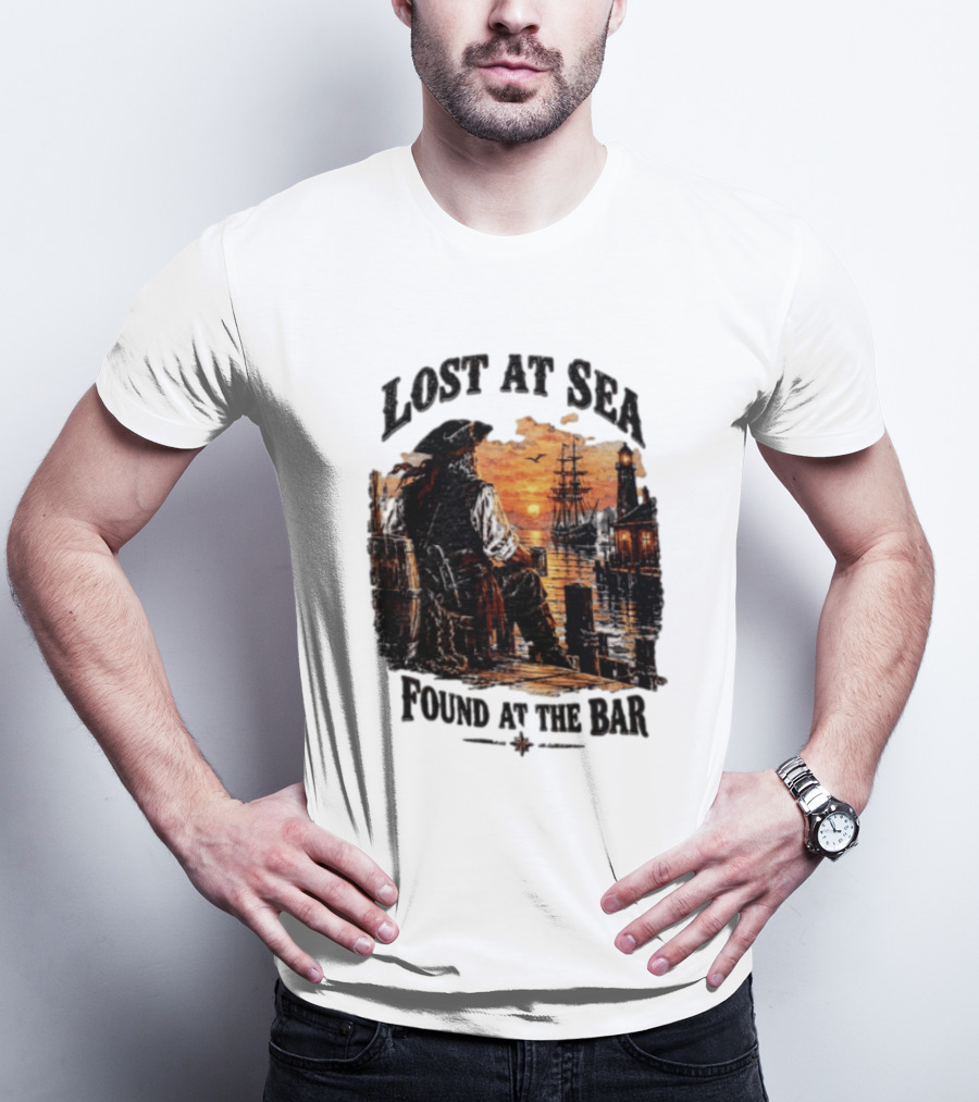 Lost At Sea Found At The Bar Pirate Sunset Tavern Lighthouse Nautical Adventure T-Shirt
