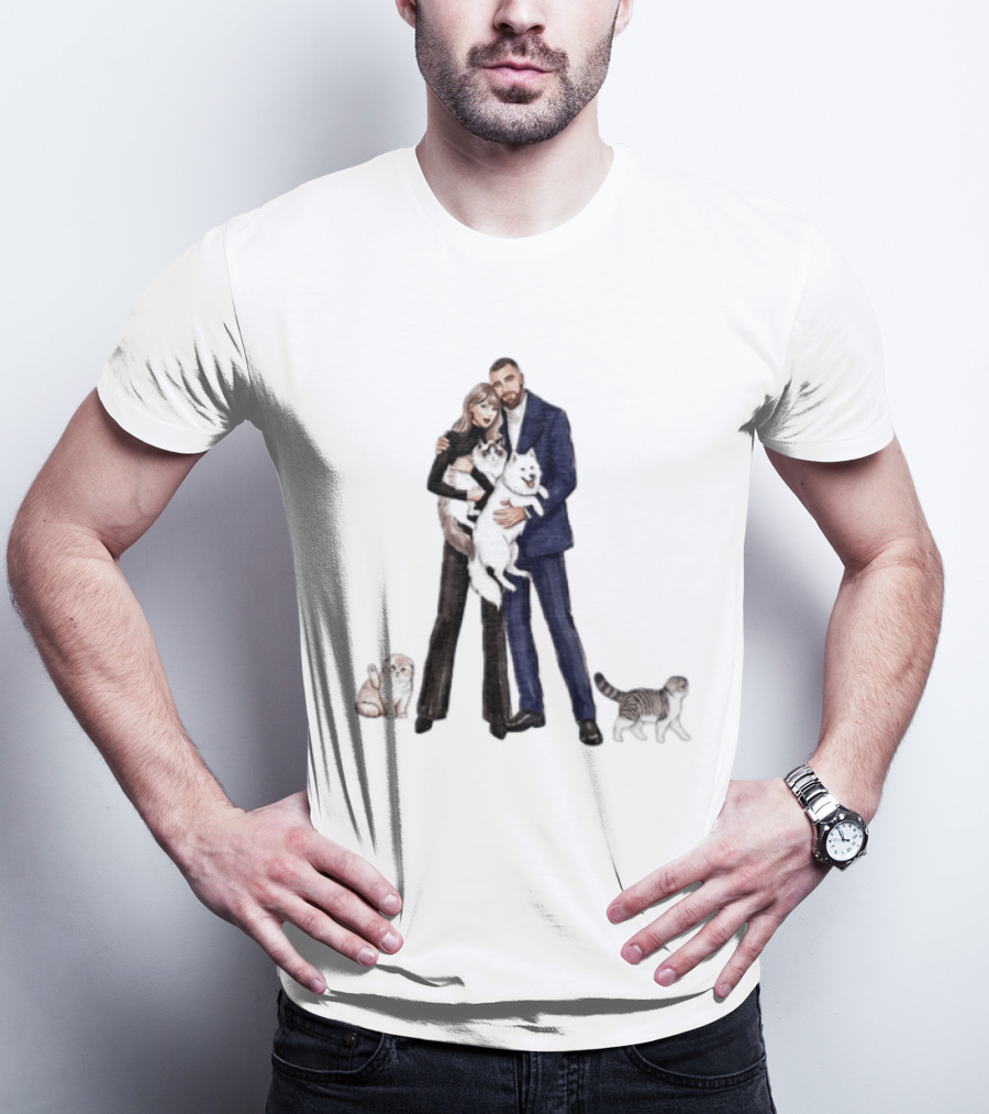 Kansas City Chiefs Couple Taylor Travis Kelce With Cats And Dog T-Shirt