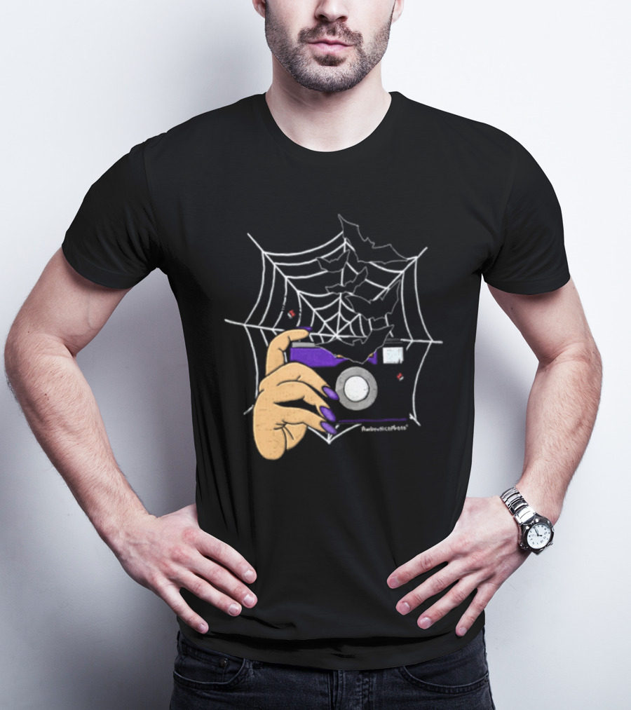 AmberNicoPhoto Camera With Bats And Spider Web Halloween T-Shirt
