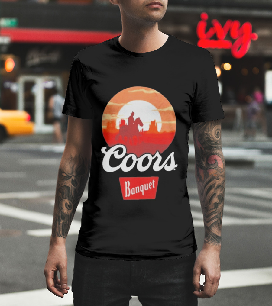 Coors Banquet Cowboy Horseback Riding At Sunset Western Scene T-Shirt