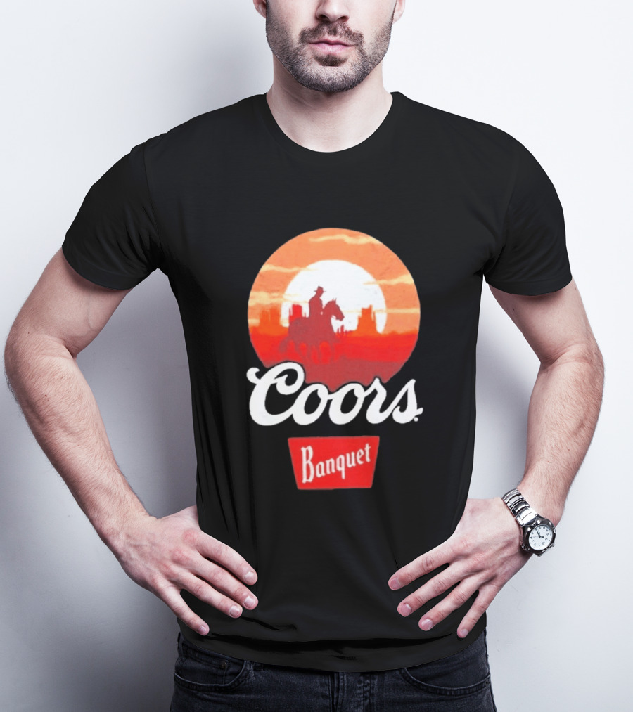 Coors Banquet Cowboy Horseback Riding At Sunset Western Scene T-Shirt