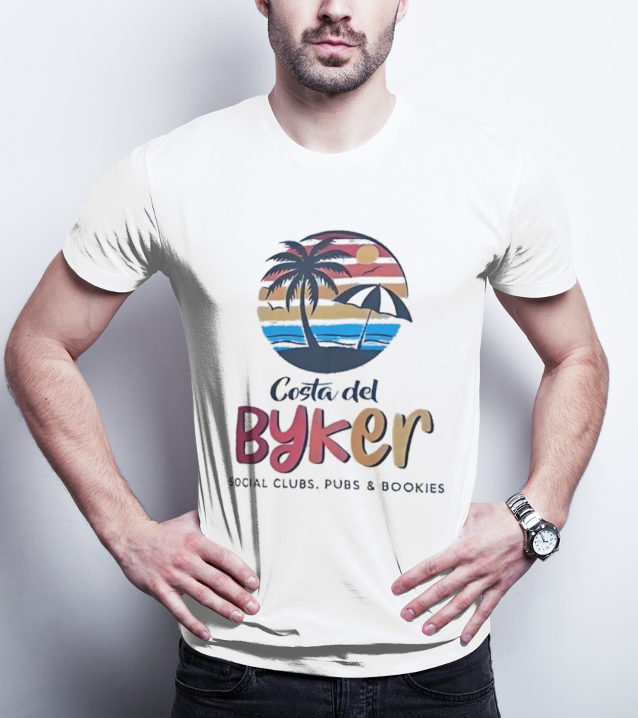 Costa Del Byker Social Clubs Pubs Bookies Palm Tree Sunset Beach Umbrella T-Shirt