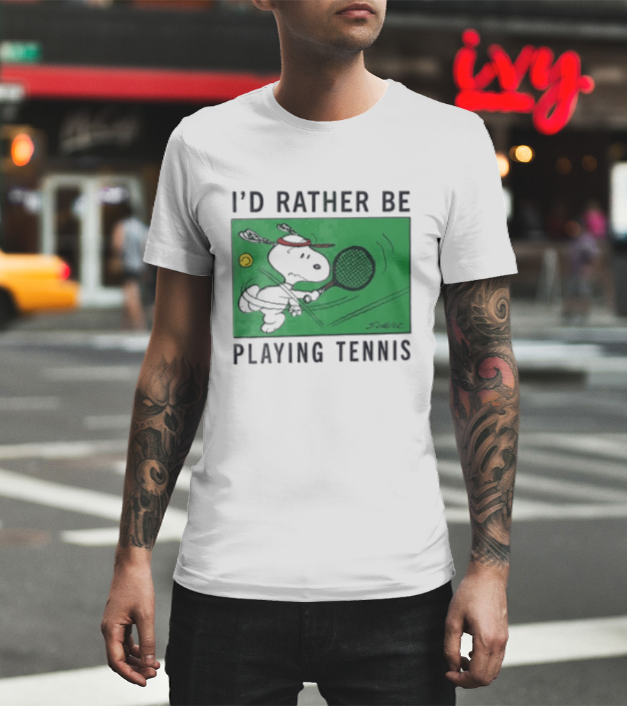 I'd Rather Be Playing Tennis Peanuts Snoopy Racquet Cartoon Green Court Schulz T-Shirt