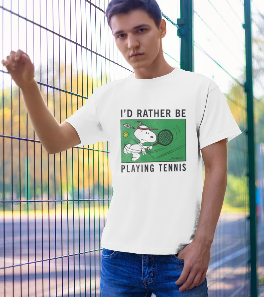 I'd Rather Be Playing Tennis Peanuts Snoopy Racquet Cartoon Green Court Schulz T-Shirt