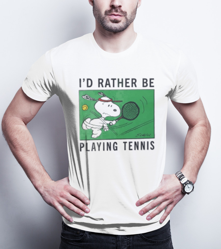 I'd Rather Be Playing Tennis Peanuts Snoopy Racquet Cartoon Green Court Schulz T-Shirt