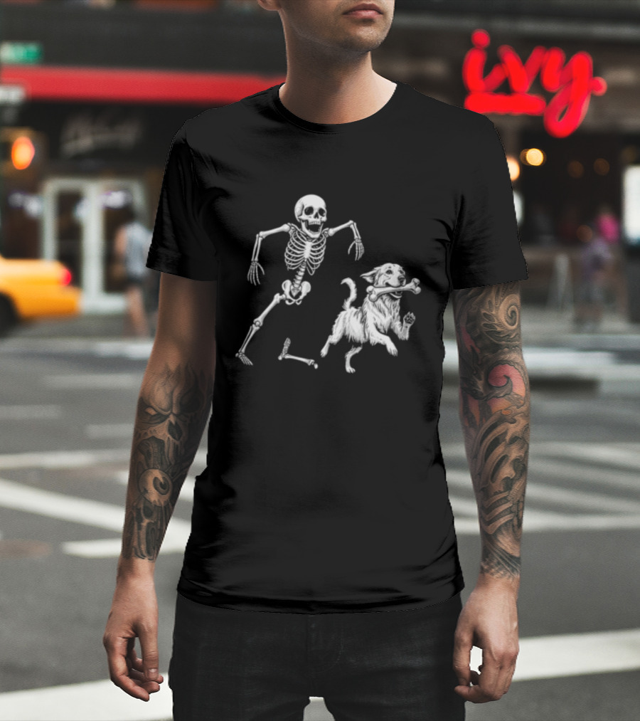 Skeleton Chasing Golden Retriever With Leg Bone T-Shirt