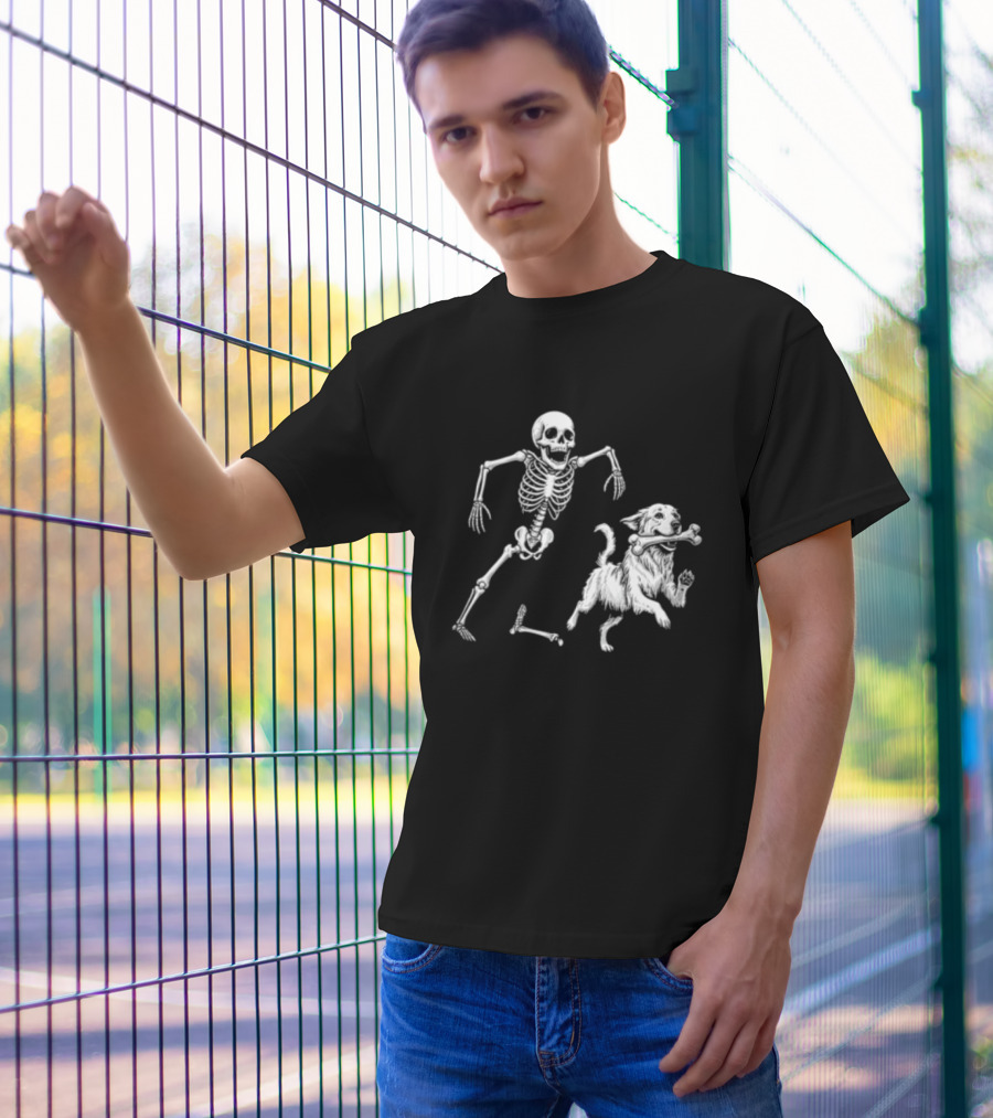 Skeleton Chasing Golden Retriever With Leg Bone T-Shirt