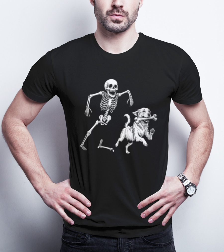 Skeleton Chasing Golden Retriever With Leg Bone T-Shirt