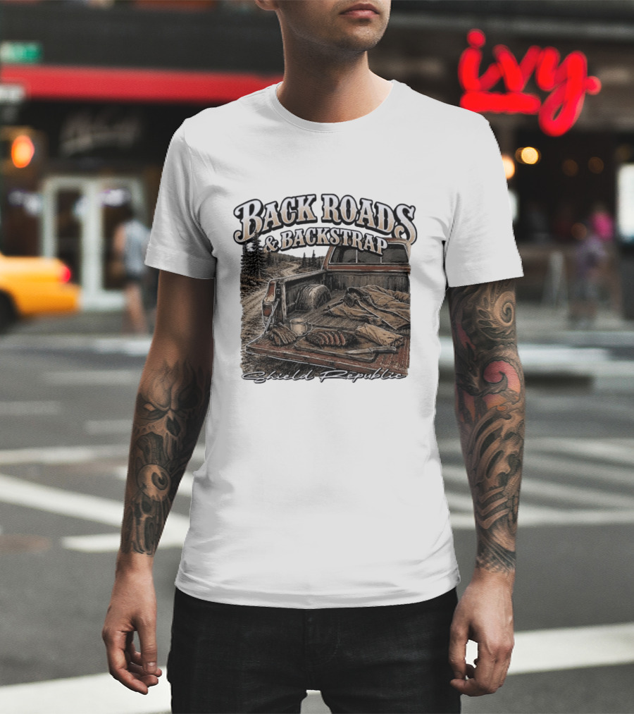 Back Roads & Backstrap Shield Republic Hunting Truck Scene T-Shirt